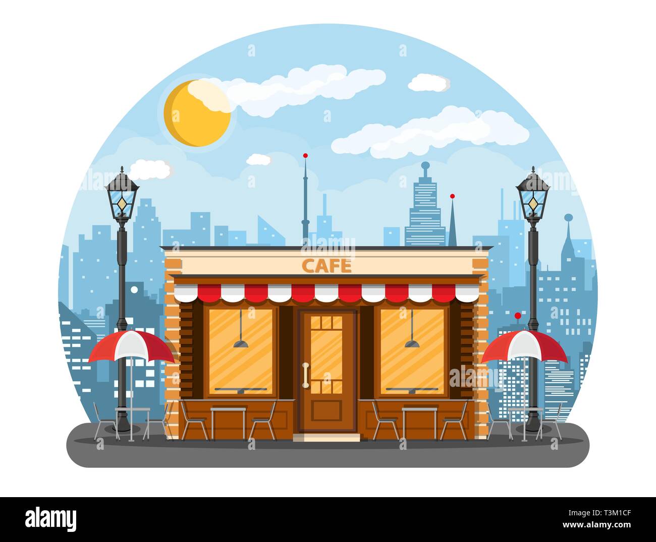 Cafe shop exterior. Street restraunt building. Cityscape, buildings, sun, clouds. Vector ...