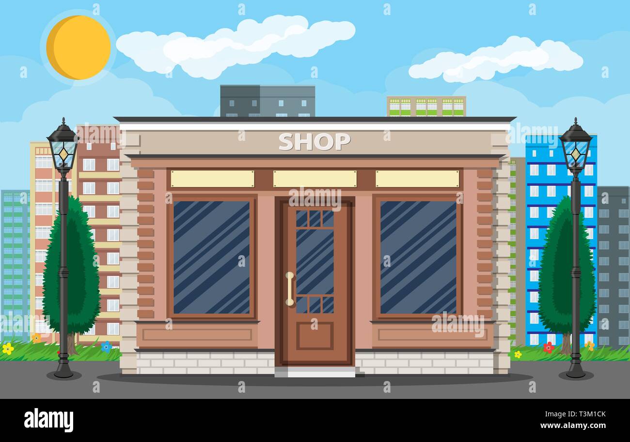 Generic shop exterior on the city street. Wooden and bricks material. Commercial, property ...