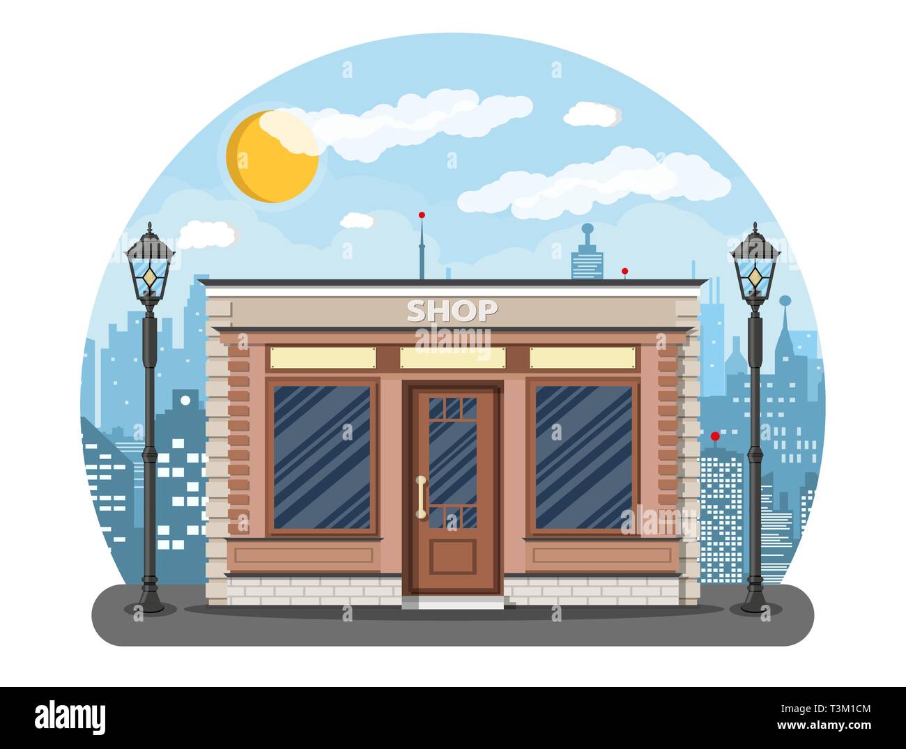 Generic shop exterior on the city street. Wooden and bricks material. Commercial, property ...