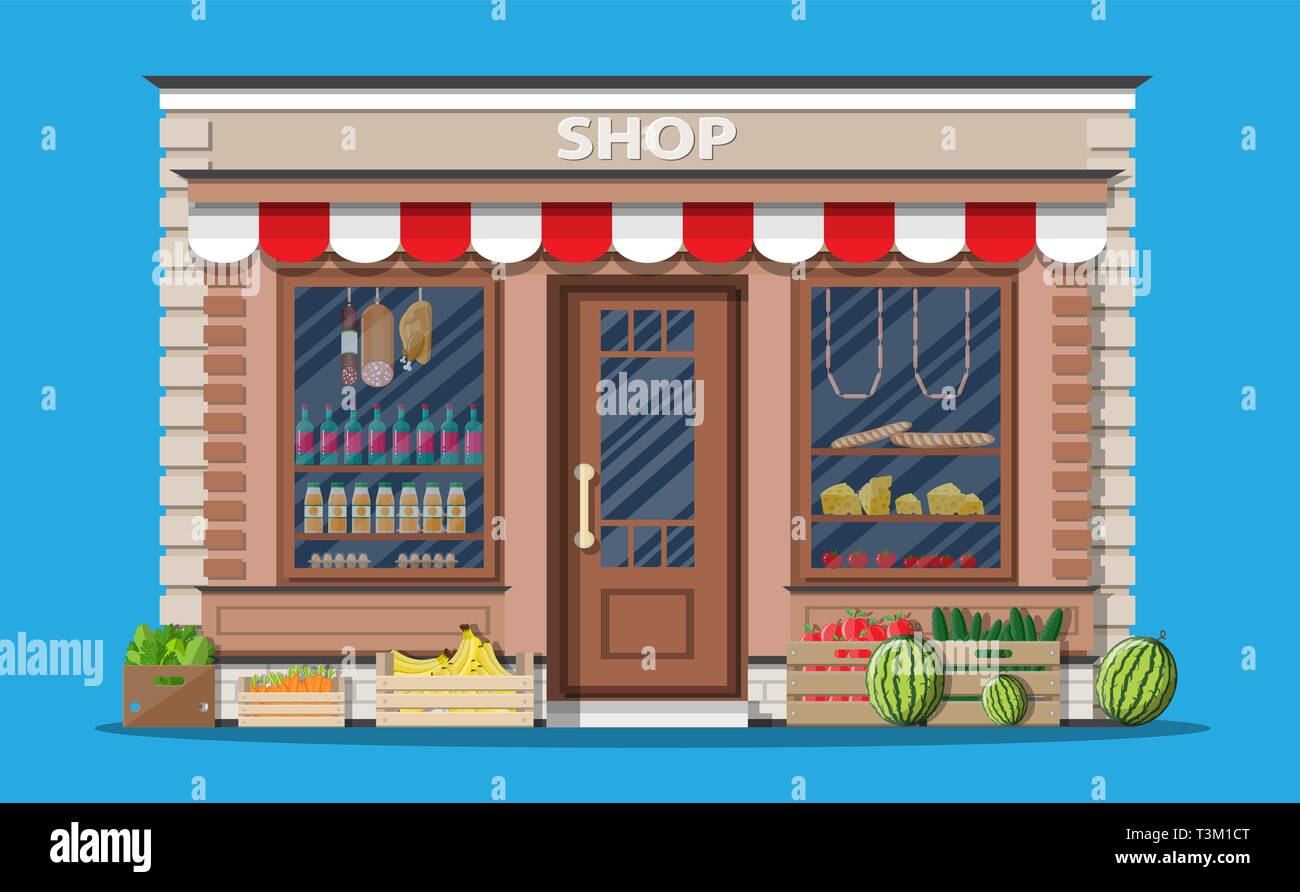 Daily products shop. Local fruit and vegetables store building ...