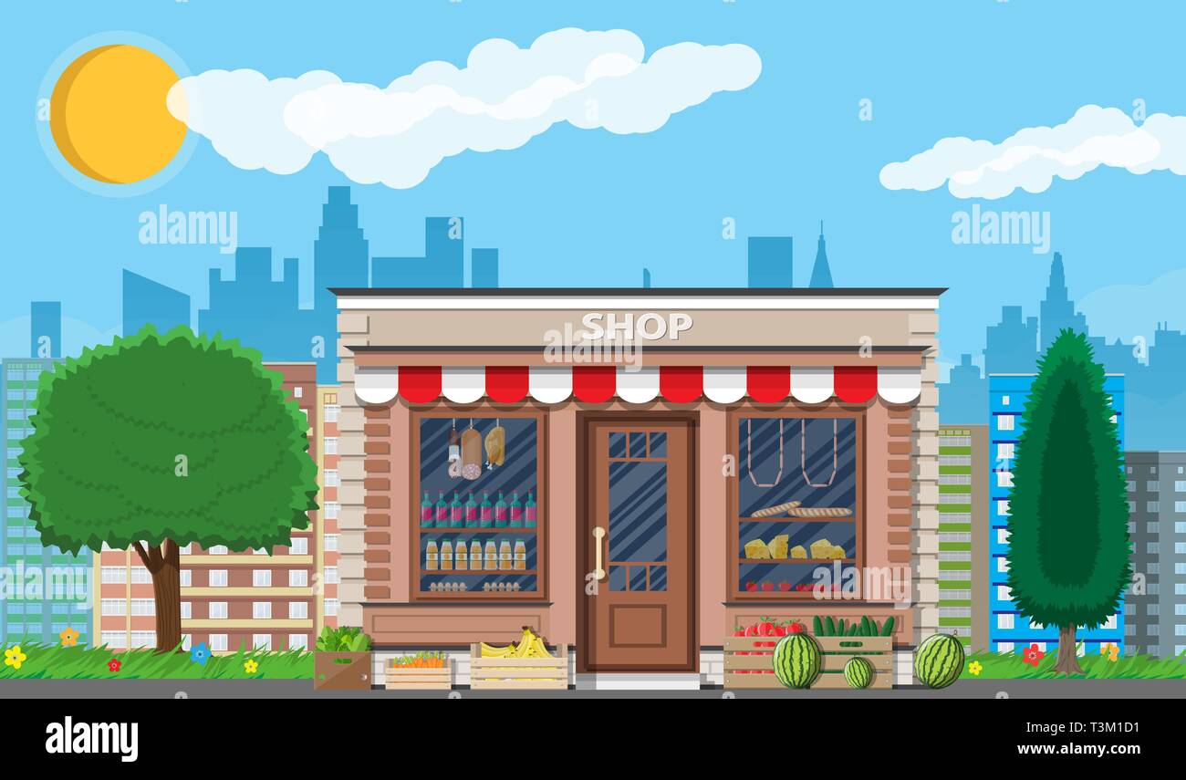 Daily products shop. Local fruit and vegetables store building ...