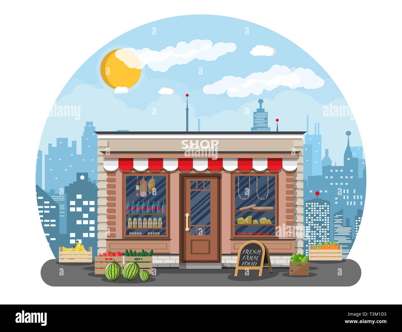 Daily products shop. Local fruit and vegetables store building ...