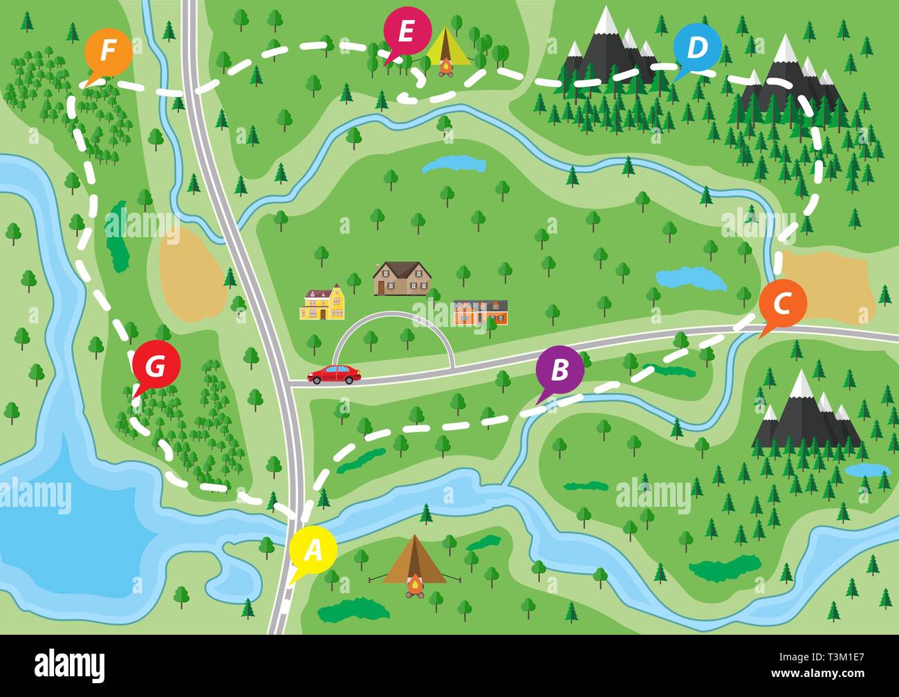 Suburban map with houses with car, trees, road, river, mountain and ...