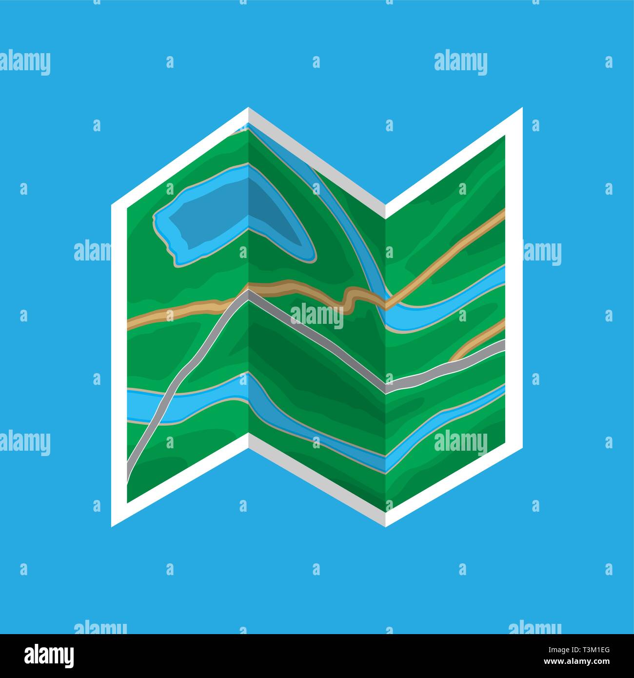 Folded paper city suburban map. Abstract generic map with roads, buildings, parks, river, lake ...