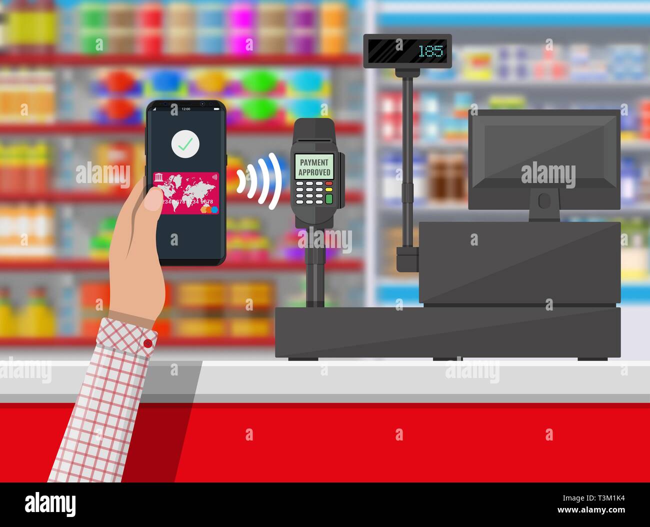 Pos terminal confirms payment by smartphone. Supermarket interior ...