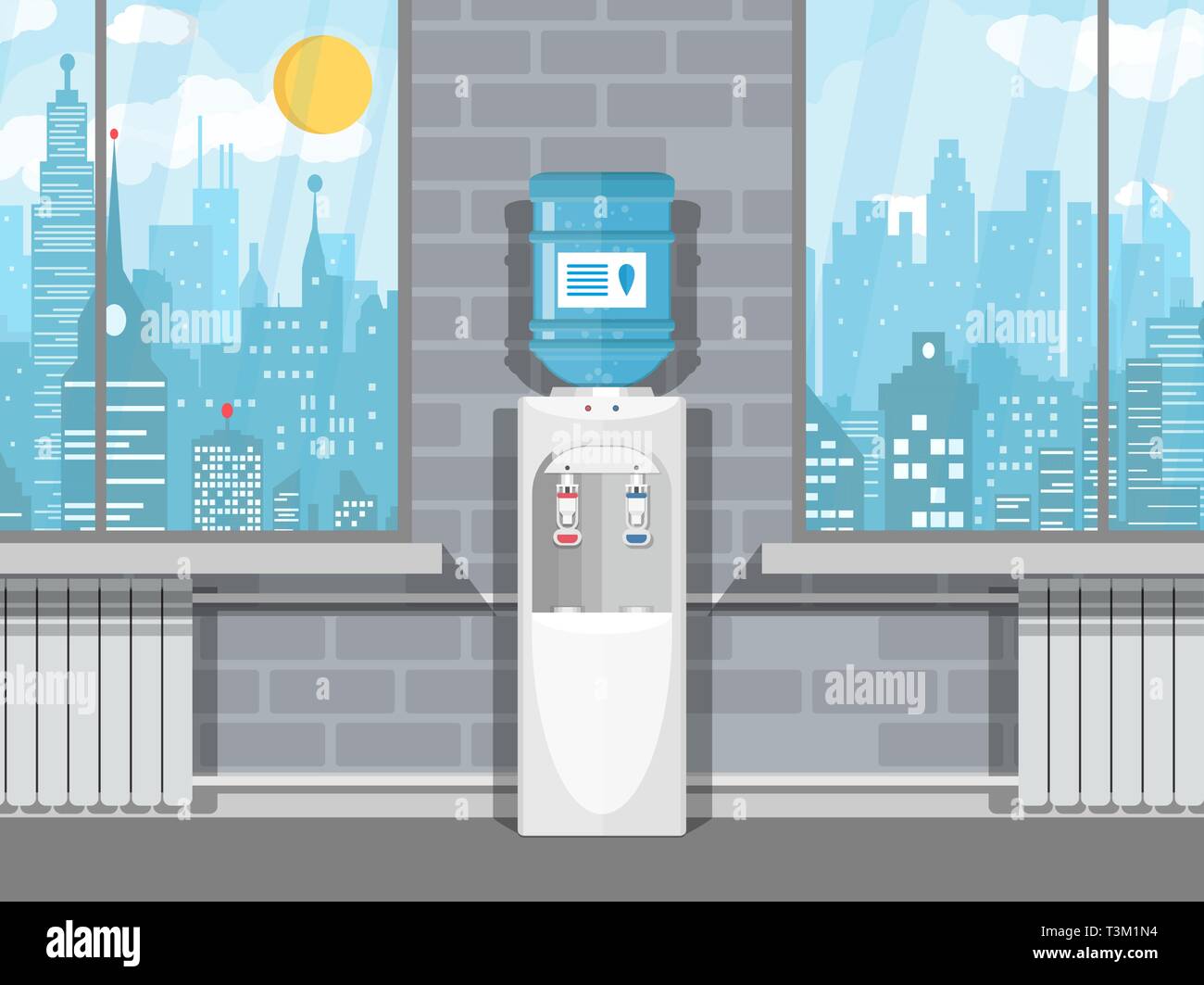 Gray white plastic water cooler with blue bottle. Office building ...