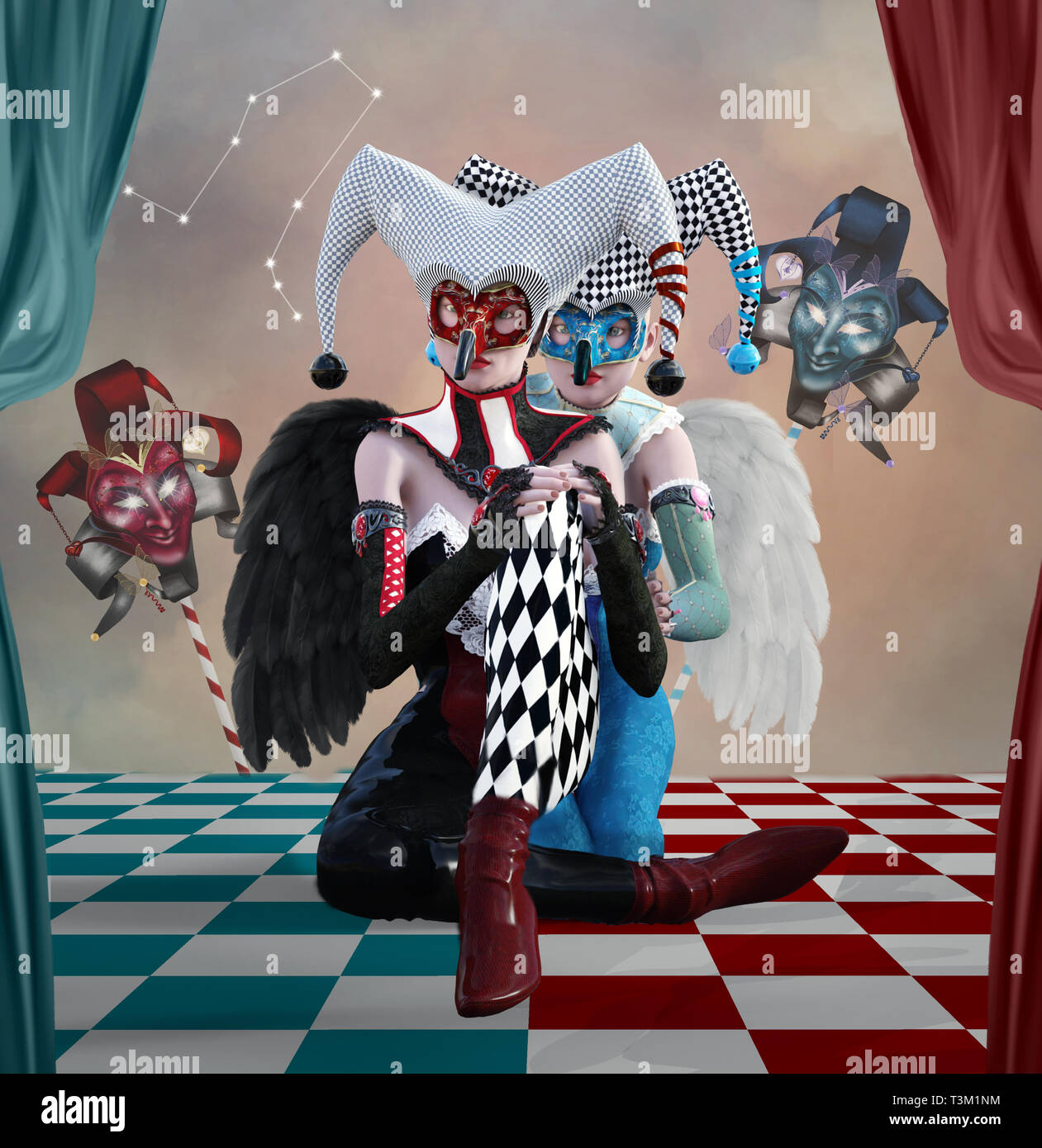 Zodiac series - Gemini as two scary harlequins with masks and wings ...