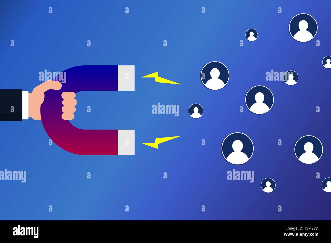 Hand with a magnet attracting followers. Social media marketing concept ...