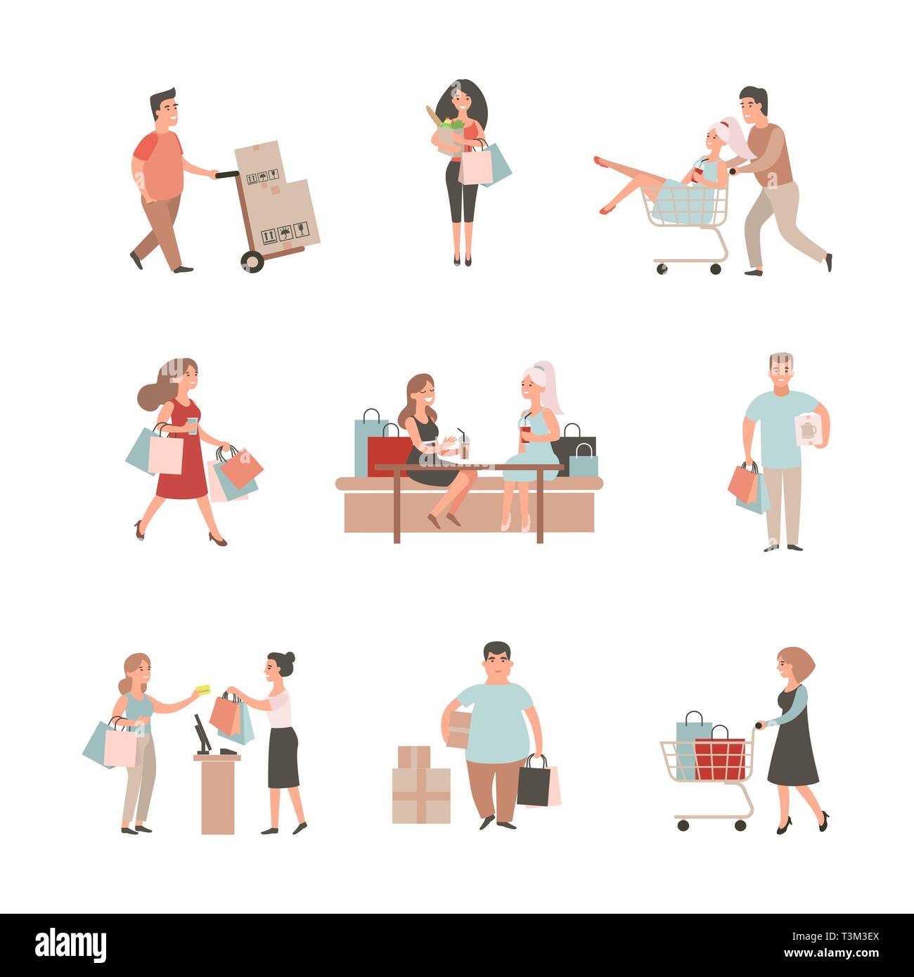 Shopaholic people. Shopping vector illustration set. Man and woman with ...