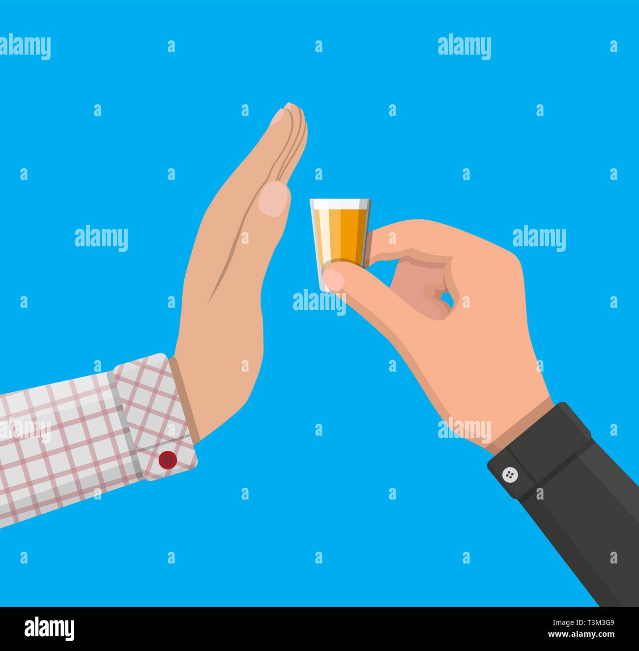 Alcohol abuse concept. Hand gives glass of whiskey to other hand. Stop ...
