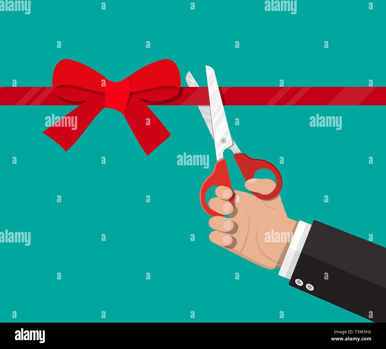 Hand with scissors cut red ribbon with bow. Opening ceremony ...