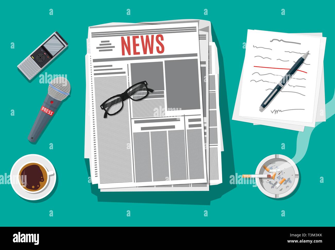 Journalist workplace. Newspaper, mouse. Paper sheets with text, pen ...