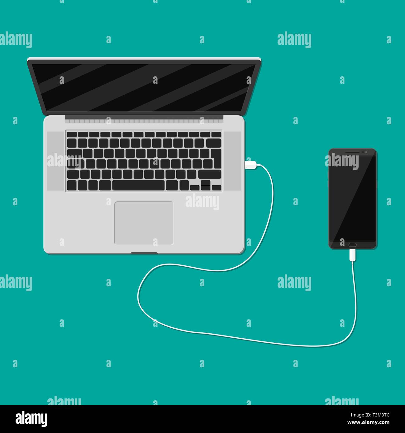 Mobile phone plugged and charging from laptop usb port. Vector ...