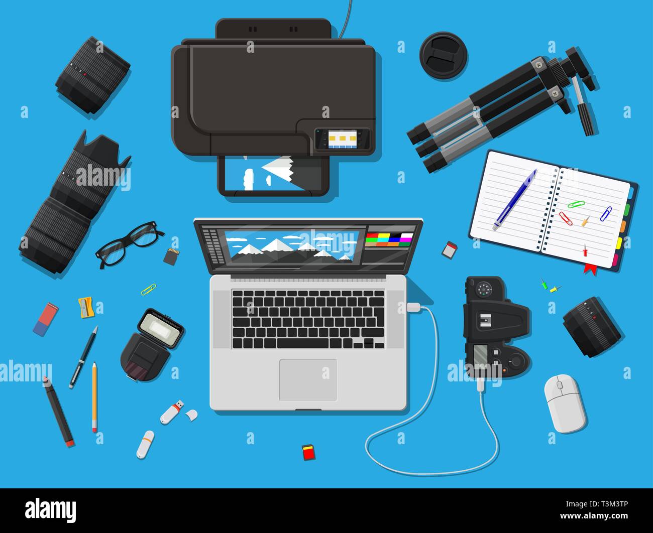 Workspace of photographer. Laptop pc, printer. Modern photo camera ...