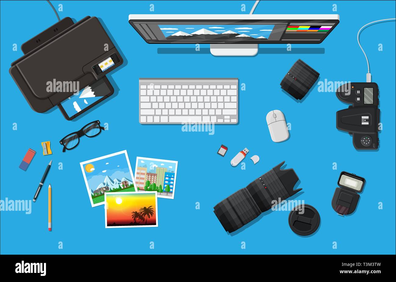 Workspace of photographer. Desktop pc, printer. Modern photo camera ...