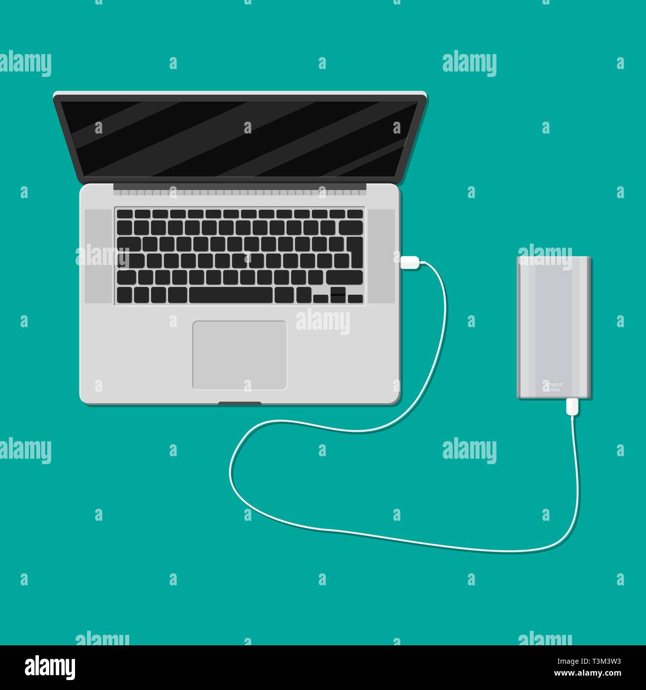 Laptop plugged and charging from powerbank usb port. Vector ...