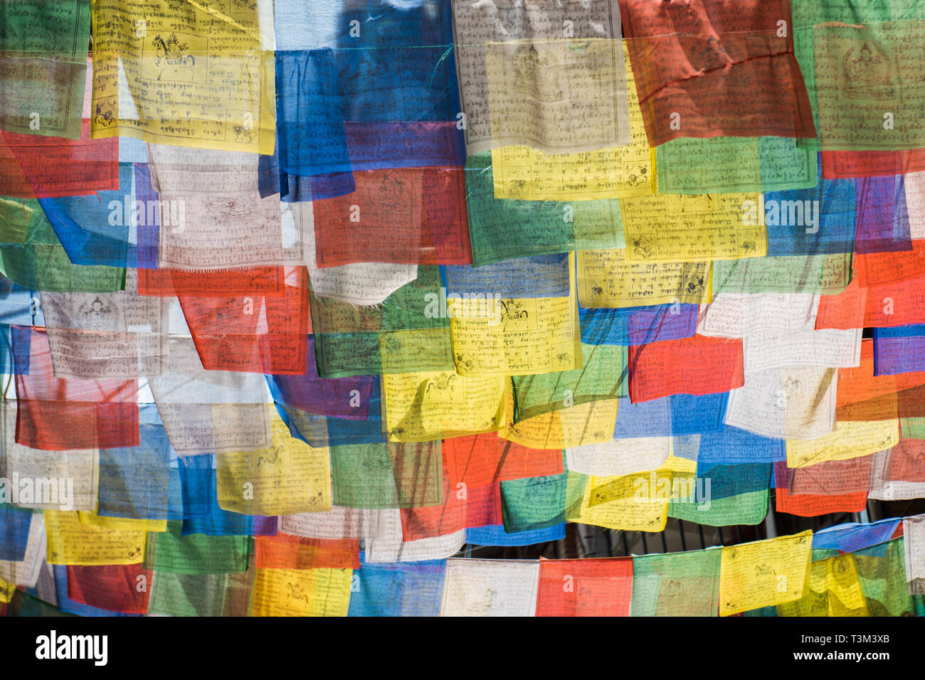 Tibetan Buddhist pray flags suspended over thamel, Nepal Stock Photo ...