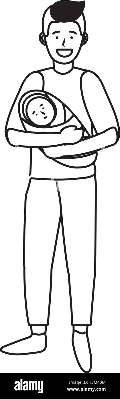 man carrying baby avatar cartoon character black and white vector ...