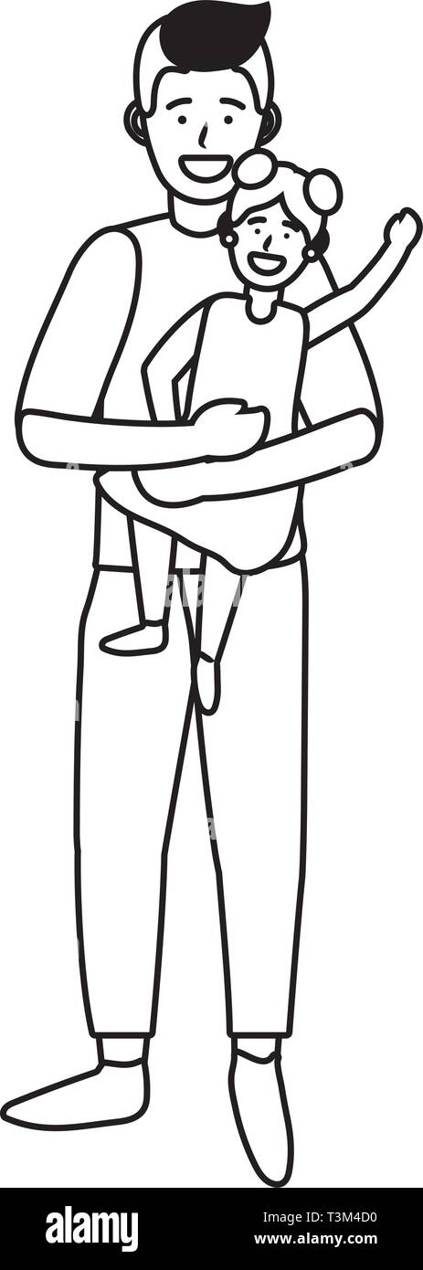 man carrying child avatar cartoon character black and white vector ...