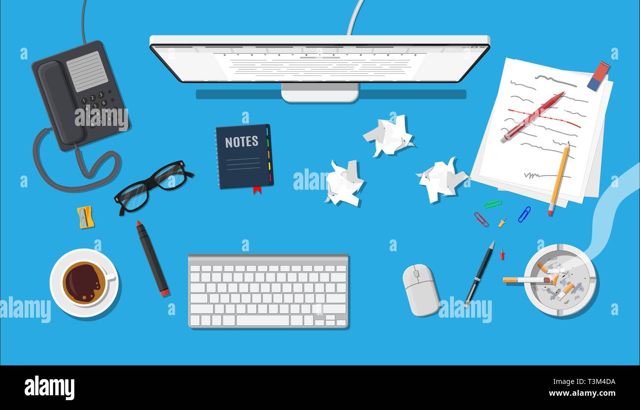 Writer or journalist workplace. Desktop pc, keyboard, mouse. Paper ...