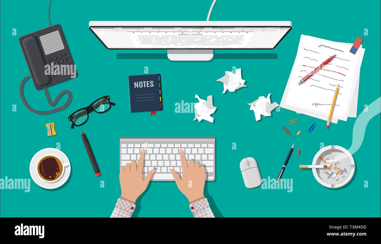 Writer or journalist workplace. Desktop pc, keyboard, mouse. Paper ...