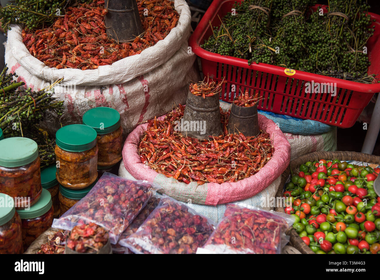 Display of chillies and pickles, Ason Tol market, Kathmandu, Nepal ...
