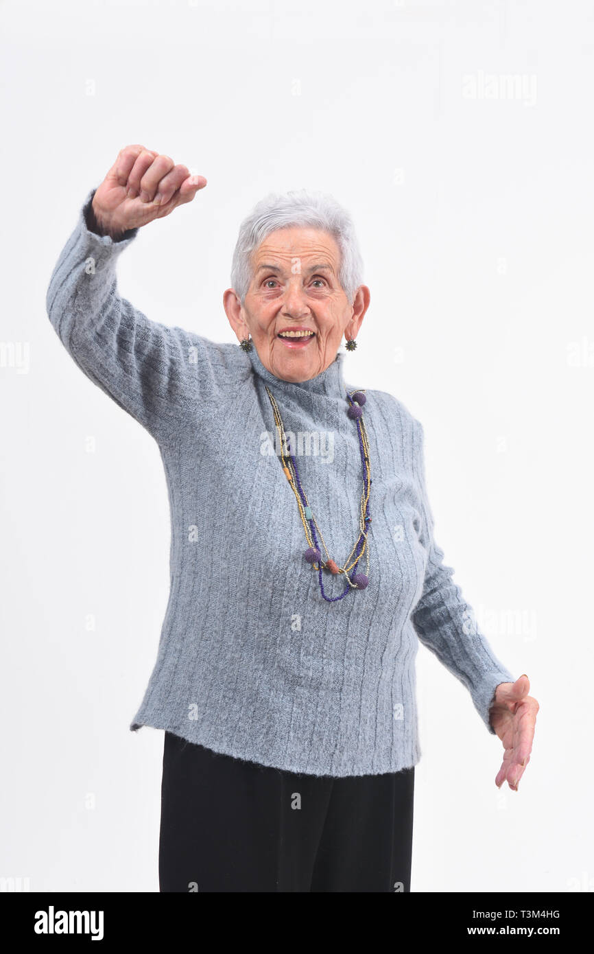 woman with arm up on white background Stock Photo - Alamy
