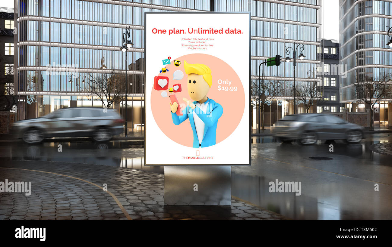 mobile plan company advertising billboard on city downtown 3d rendering ...