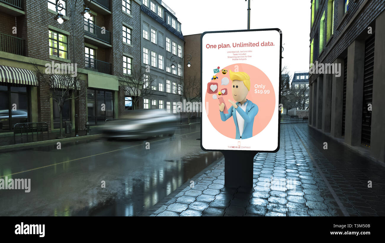 mobile plan advertising billboard on city street at evening 3d ...