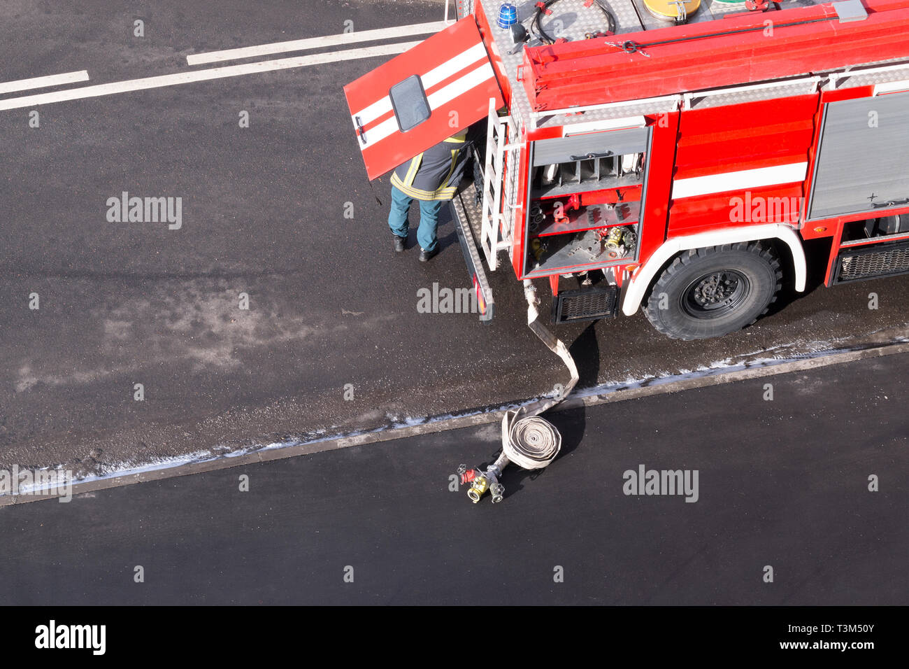 Fire truck arrived on an emergency call. High angle view Stock Photo ...