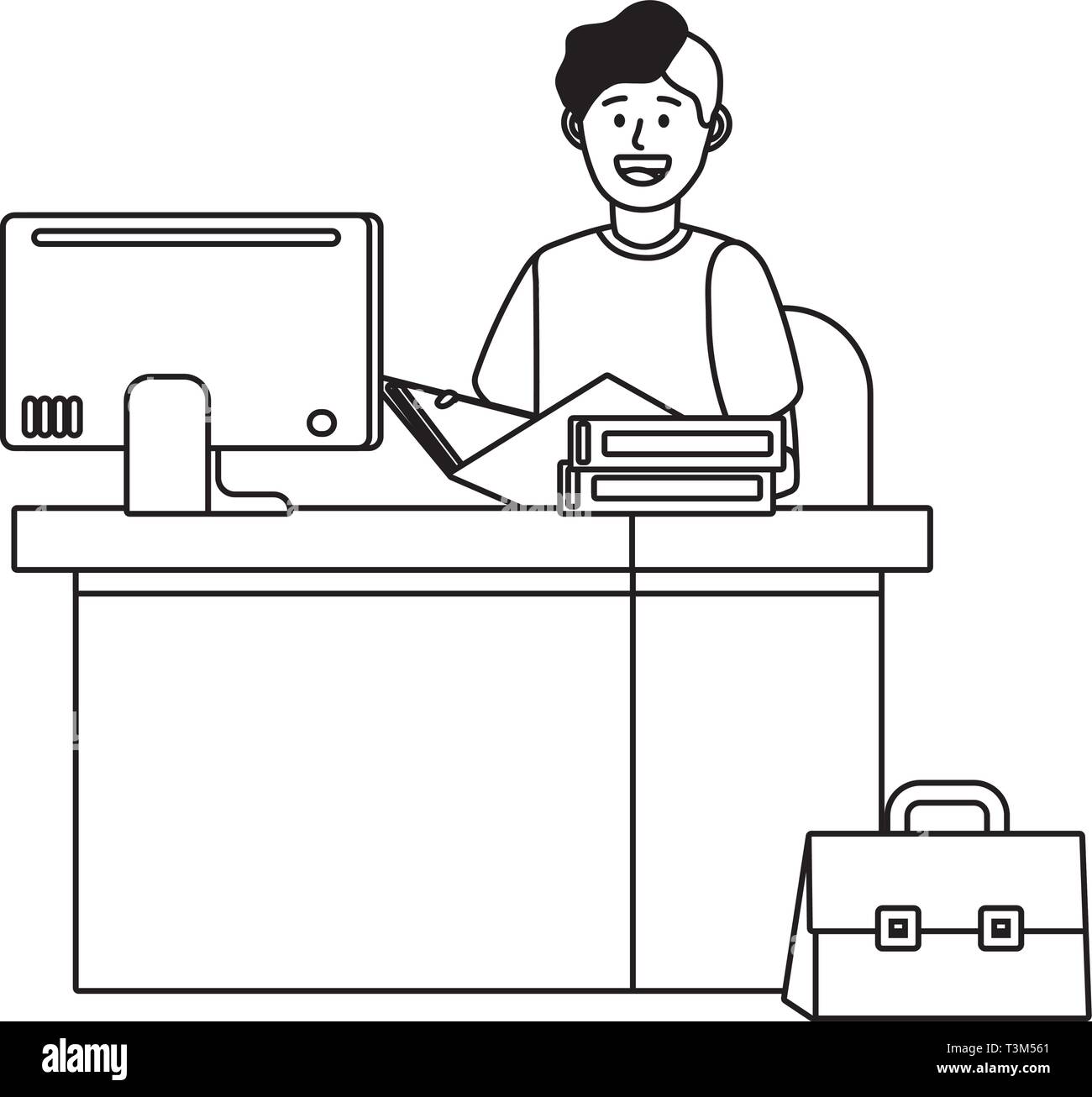 man in a desk avatar cartoon character black and white vector ...