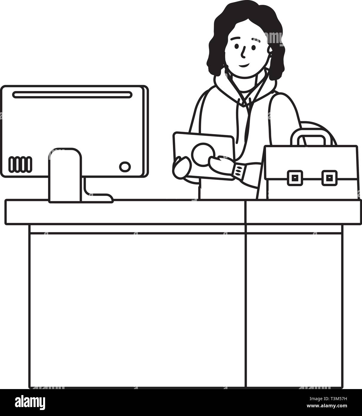 man in a desk avatar cartoon character black and white vector ...