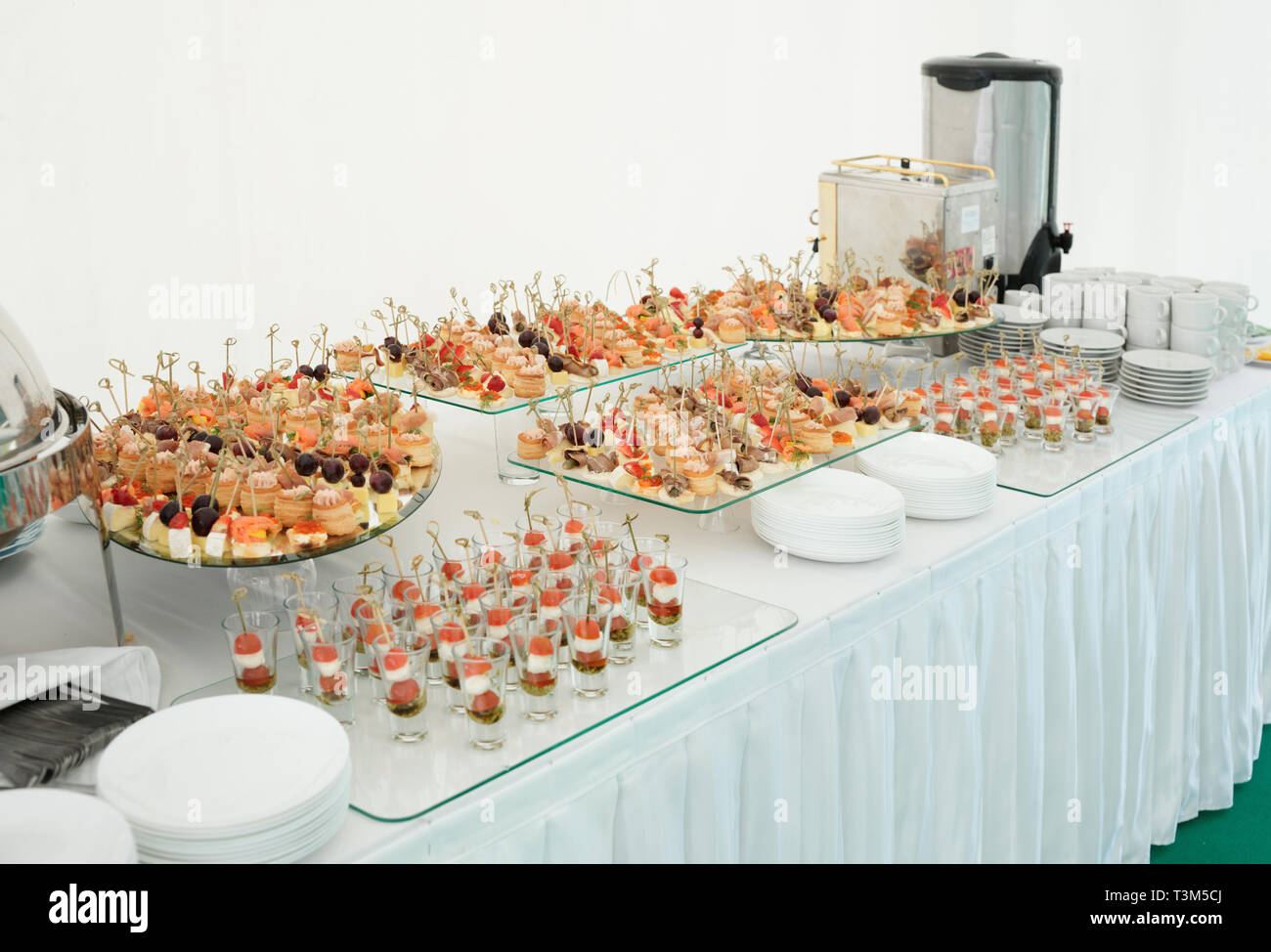 Various meat, fish and cheese banquet snacks on banquet table, catering ...