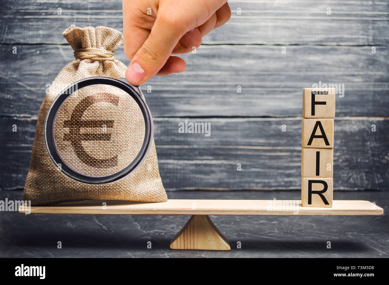 Euro money bag and wooden blocks with the word Fair. Balance. Fair ...