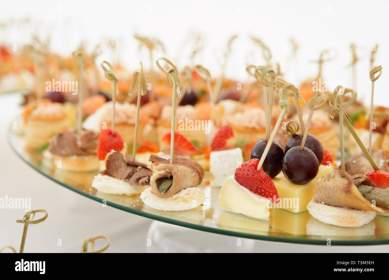 Various meat, fish and cheese banquet snacks on banquet platter Stock ...