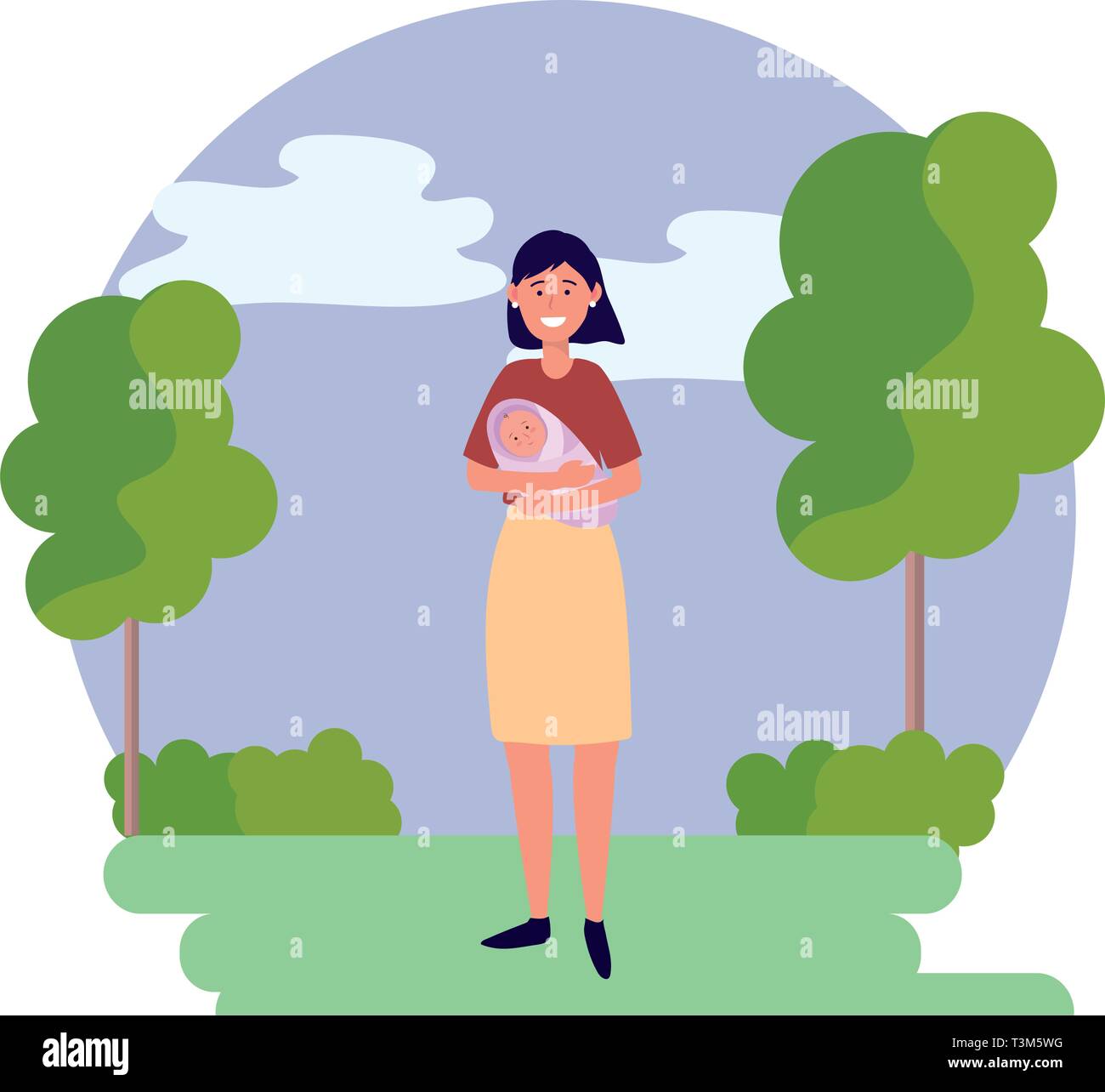 woman carrying baby avatar cartoon character outdoor rural landscape ...