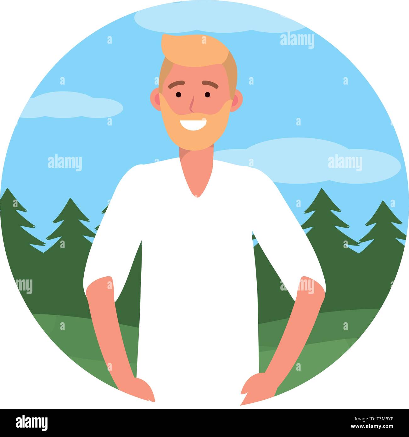 man portrait avatar cartoon character outdoor rural landscape round ...