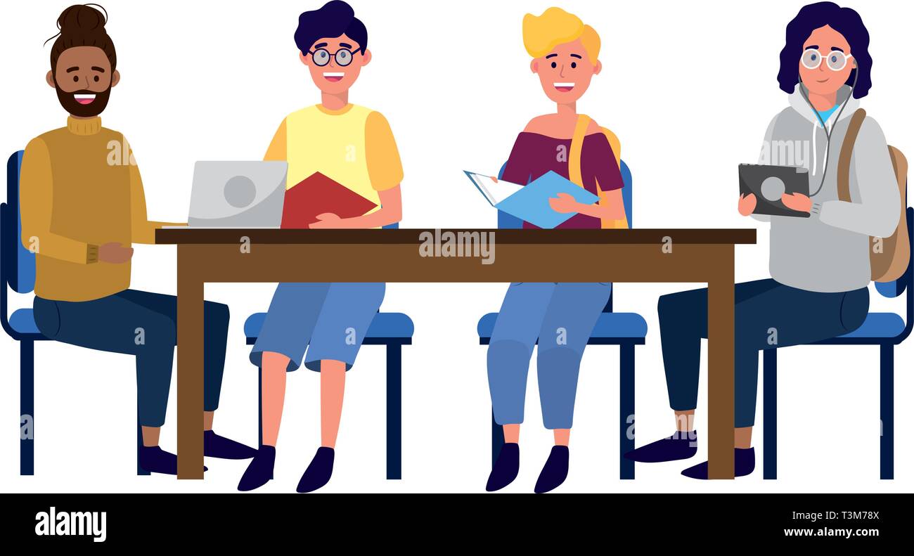young people friends reading over desk cartoon vector illustration ...