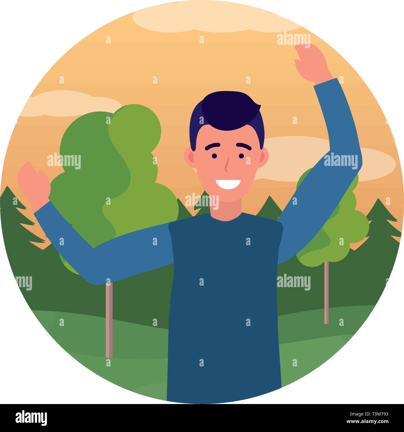 man portrait avatar cartoon character outdoor rural landscape round ...