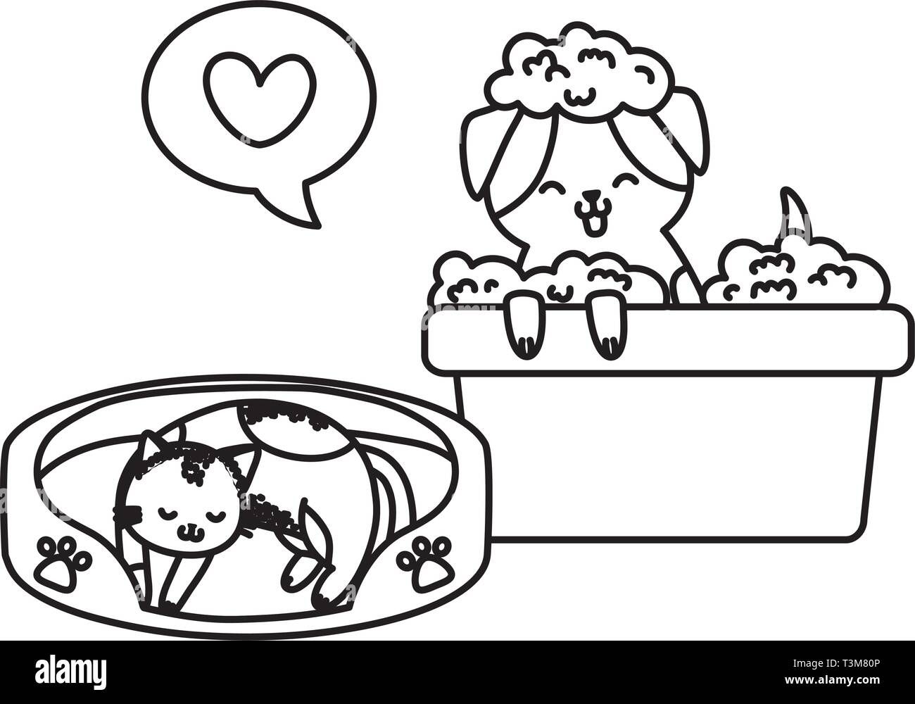 cute funny pets dog and cat taking a shower cartoon vector illustration ...