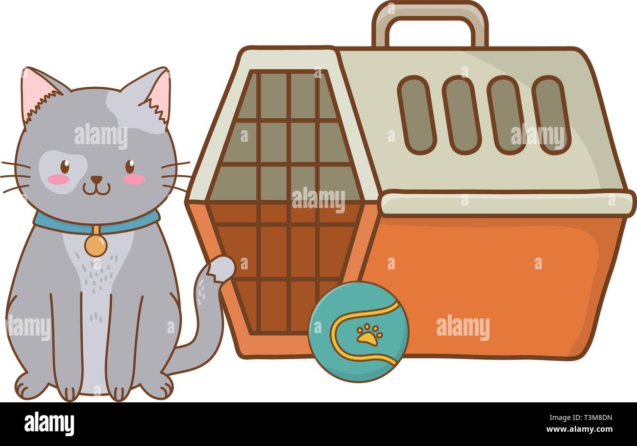 cute funny pet cat with house carrier cartoon vector illustration ...