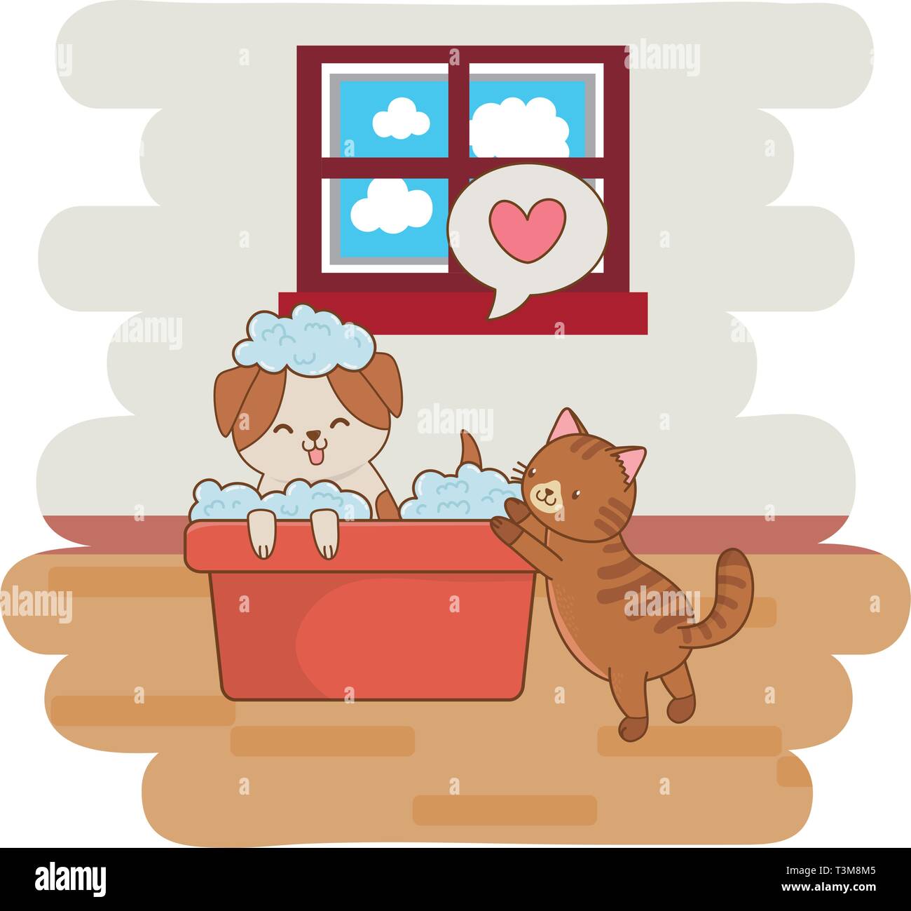cute funny pets dog and cat taking a shower cartoon vector illustration ...