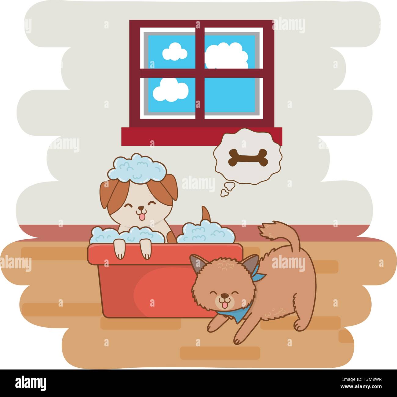 cute funny pets dog and cat taking a shower cartoon vector illustration ...