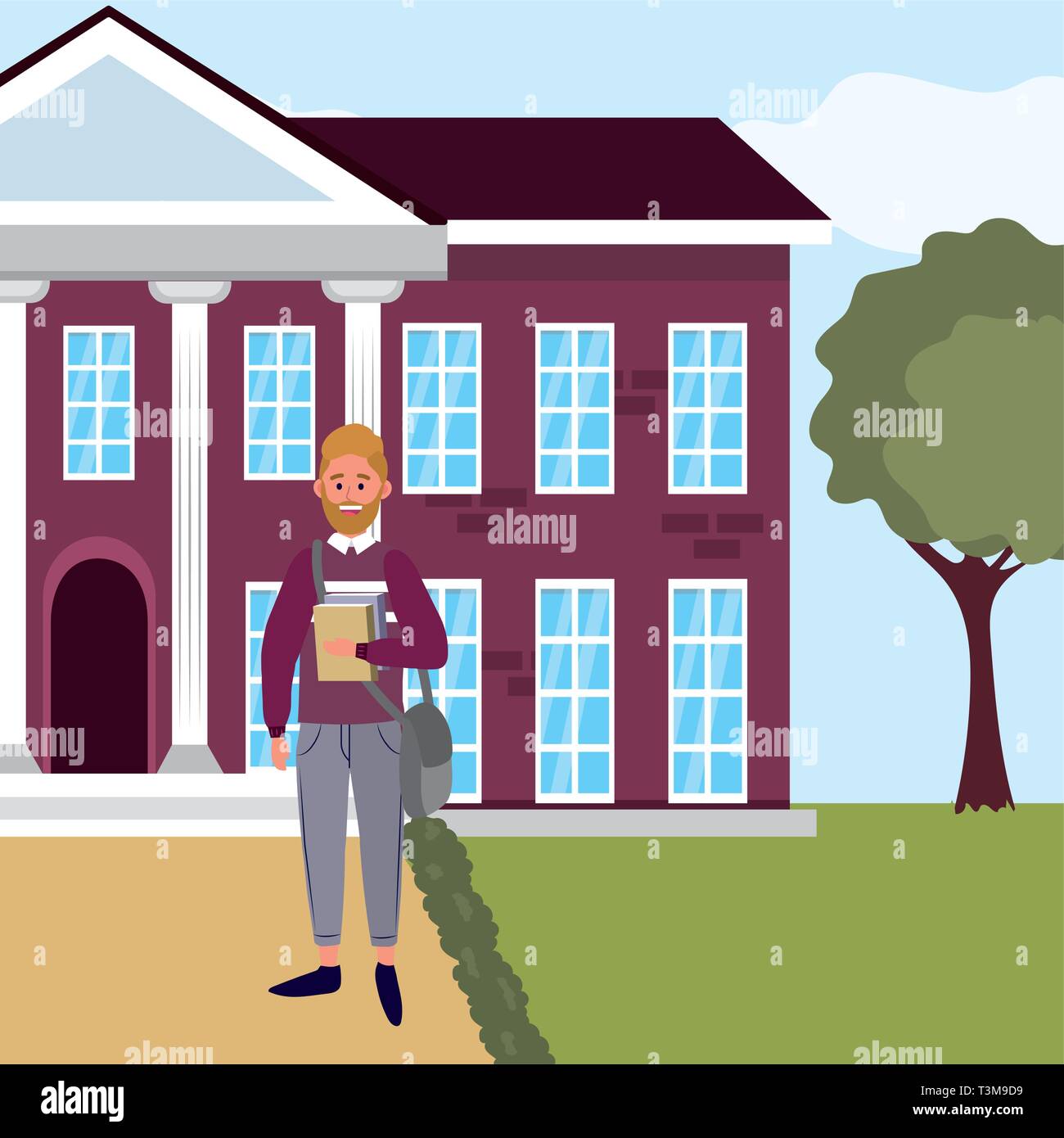 education university college man student in front university building ...