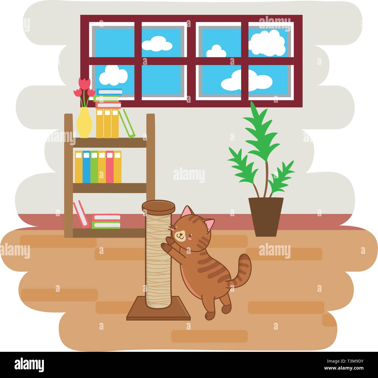 cute funny cat pet playing with tree cartoon vector illustration ...