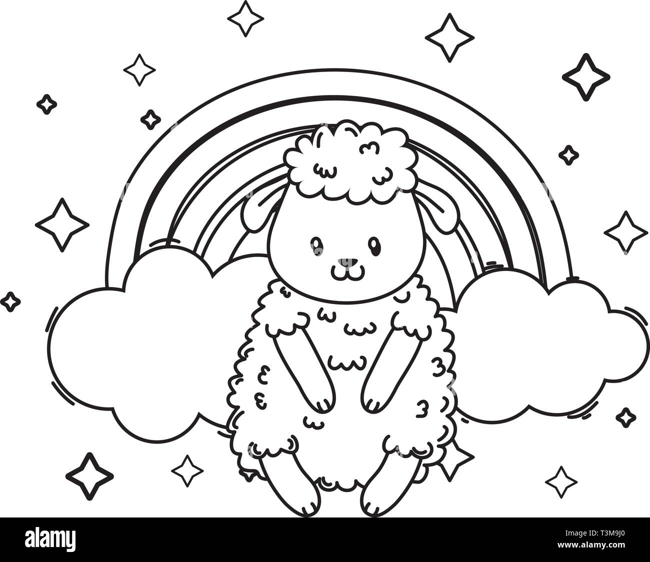 cute little animal sheep in front rainbow cartoon vector illustration ...