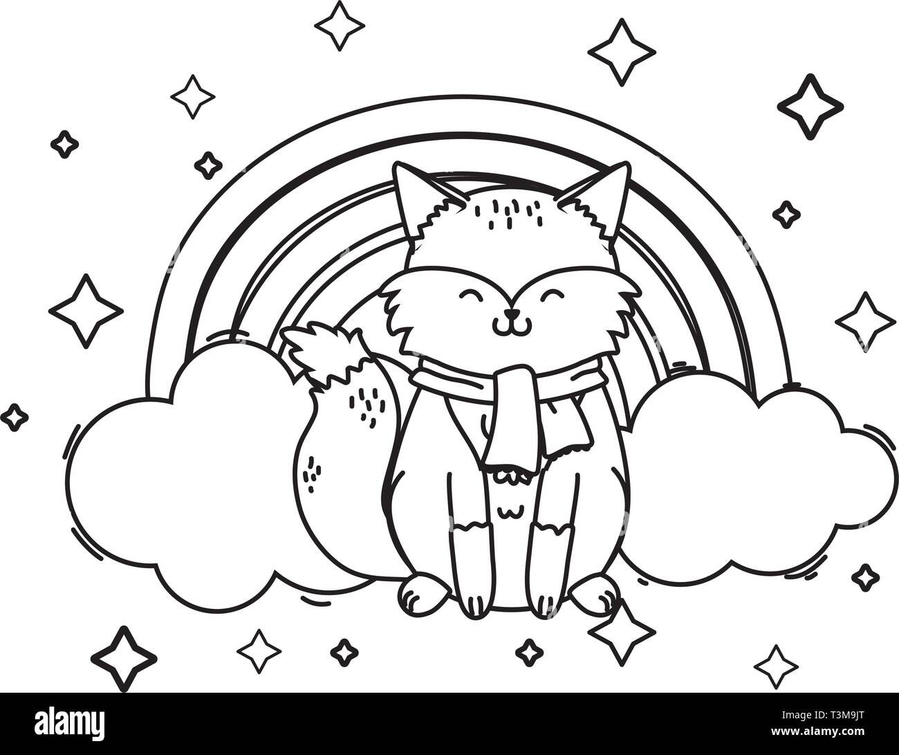 cute little animal fox in front rainbow cartoon vector illustration ...
