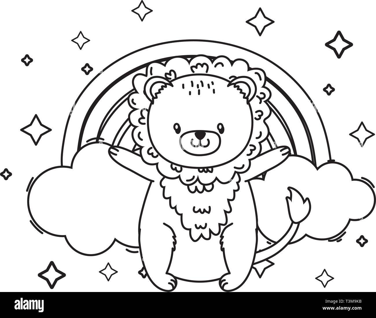 cute little animalm lion in front rainbow cartoon vector illustration ...
