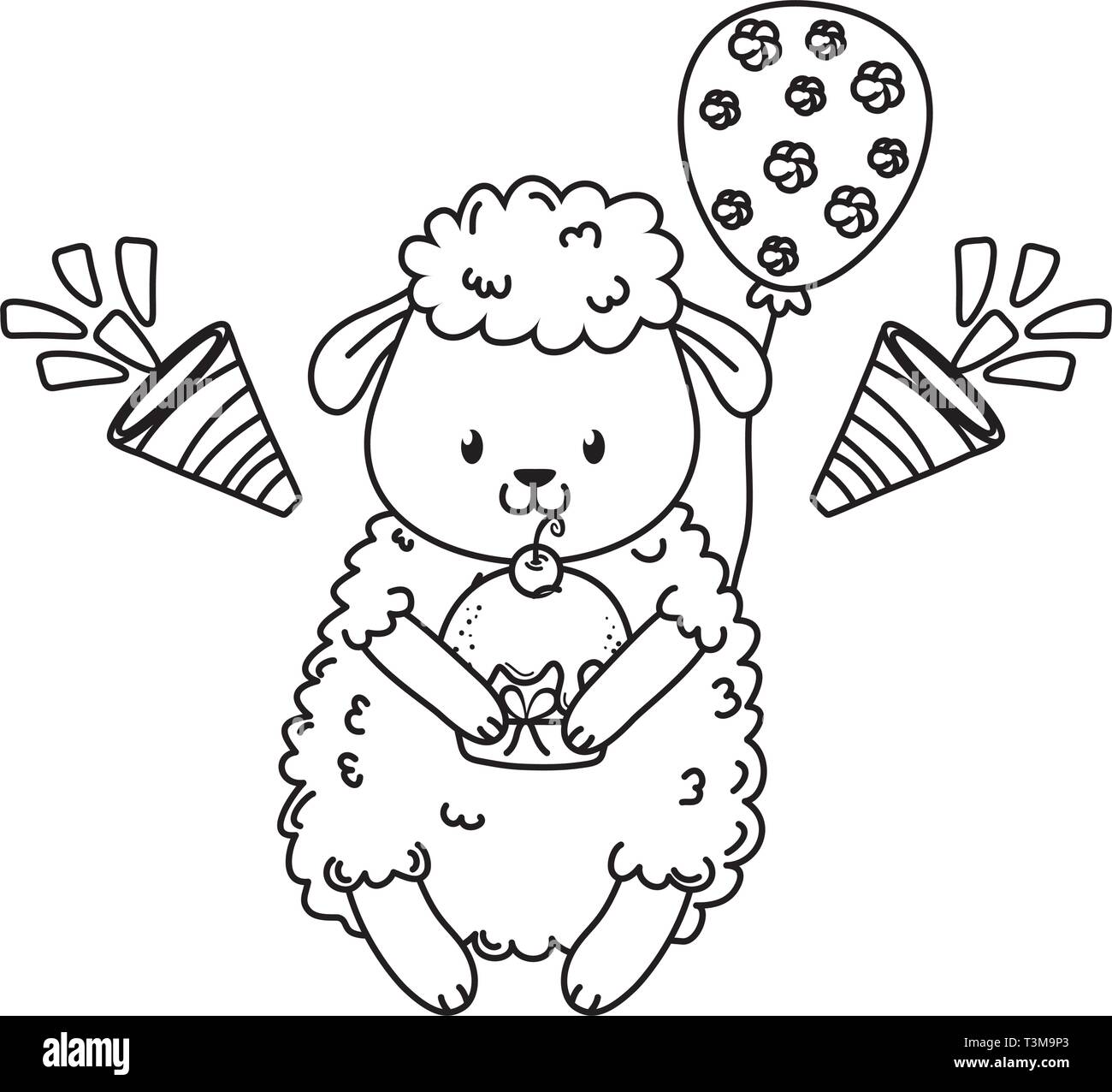 cute little animal sheep at birthday party festive scene cartoon vector ...