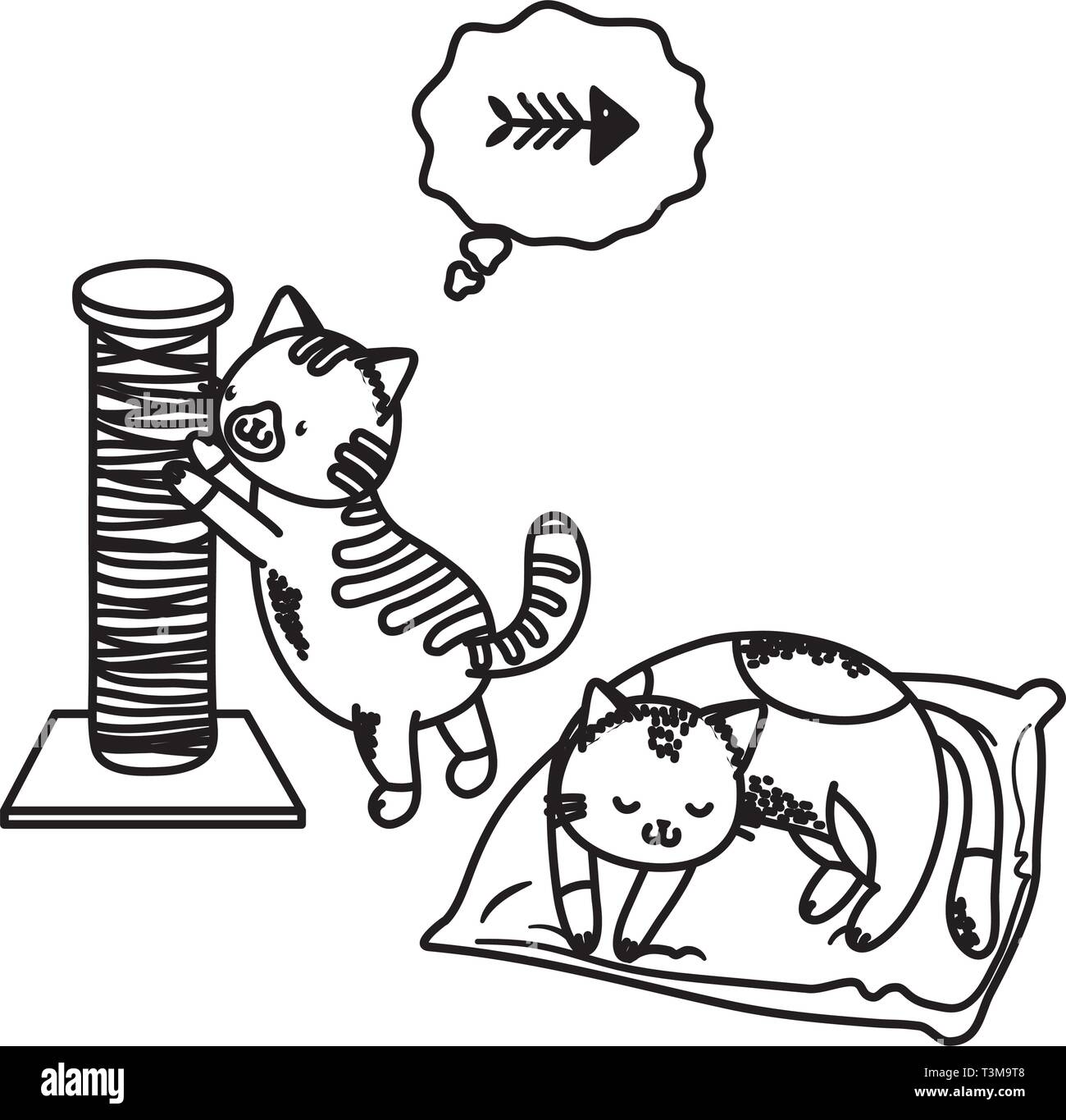 cute funny pets playing with tree toy cartoon vector illustration ...